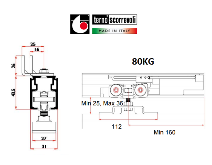 Terno Scorrevoli 80KG Damped Action Sliding Kit - Polyware Pte Ltd