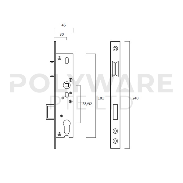 PBS 2000N Narrow Stile Mortise Sash Lock - Polyware Pte Ltd